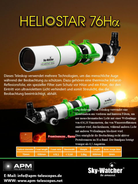 APM Telescopes. Skywatcher Heliostar 76/630 Solar prominence telescope